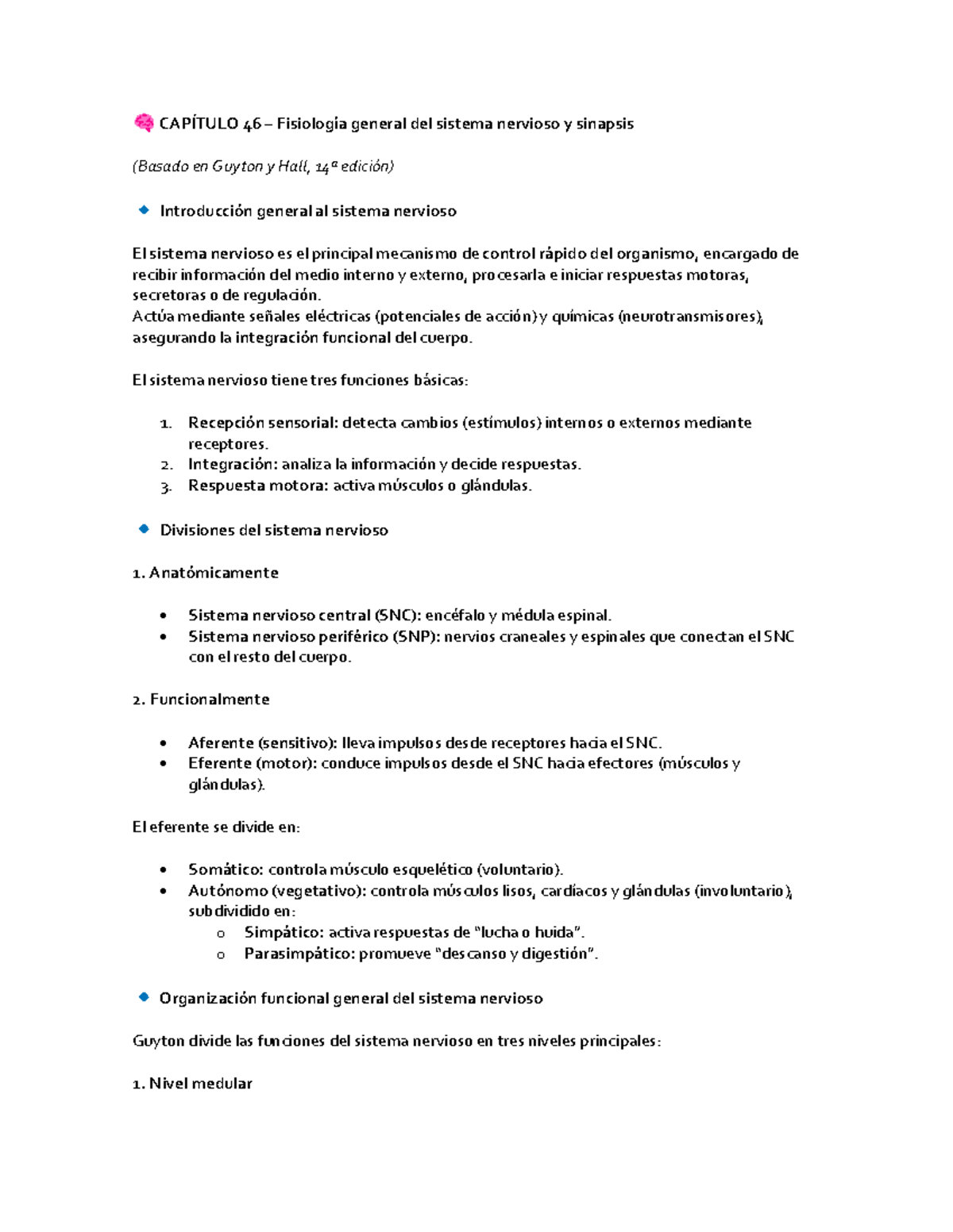 CAPÍTULO 46: Fisiología del Sistema Nervioso y Sinapsis (Guyton y Hall, 14ª ed.) - Studocu