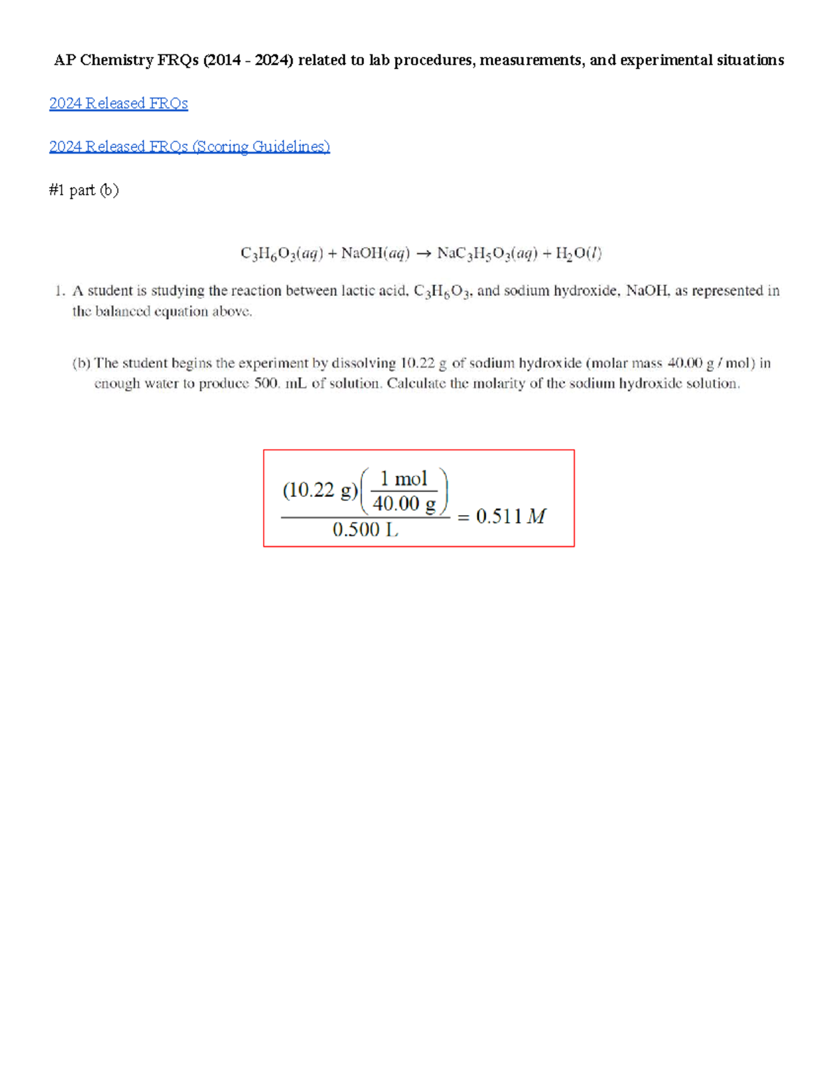 AP Chemistry Lab FRQs (2014-2024) with Scoring Guidelines - Studocu