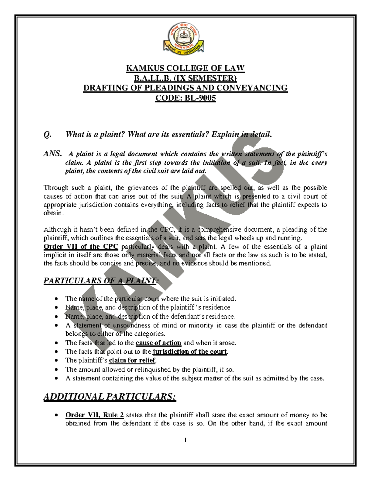 Drafting OF Pleading - It helps you to study - KAMKUS COLLEGE OF LAW B ...