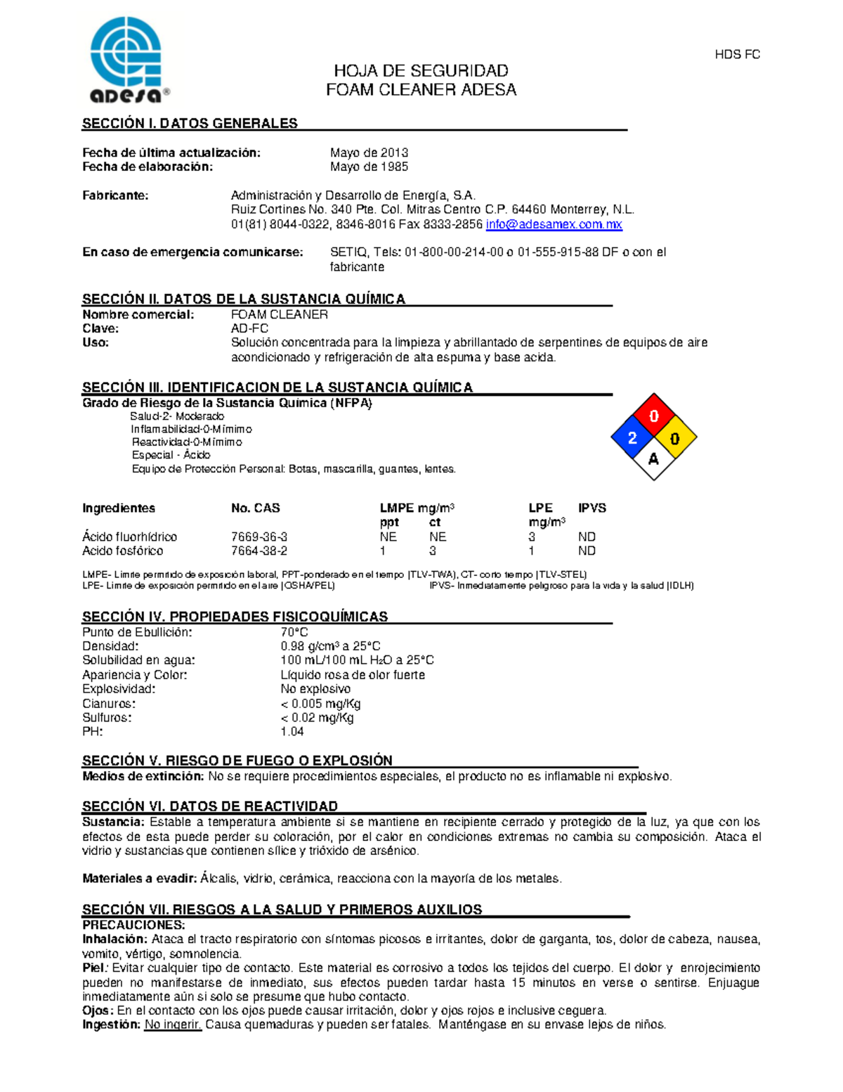 Ficha Tecnica FOAM Cleaner - HDS FC HOJA DE SEGURIDAD FOAM CLEANER ...