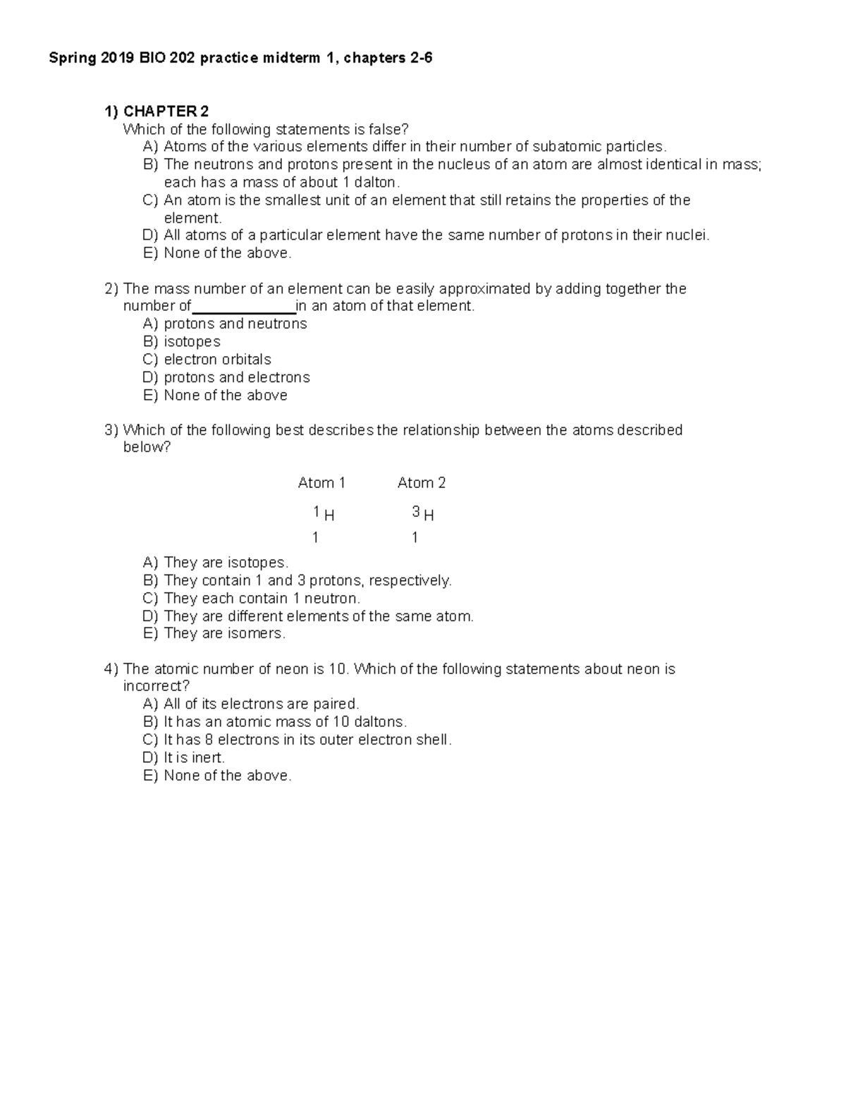 BIO 202 Midterm Practice Exam 1: Spring 2019 Chapters 2-6 Review - Studocu