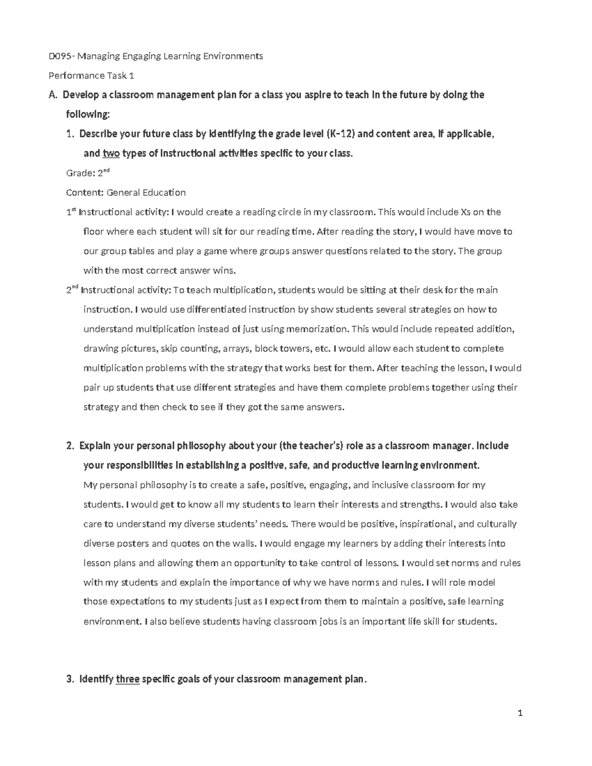 D095 - Performance Task 1: Classroom Management Plan for 2nd Grade - Studocu