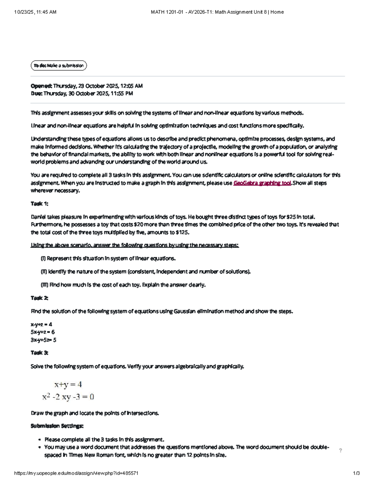 MATH 1201-01 - AY2026-T1 Math Assignment: Unit 8 Tasks & Guidelines - Studocu