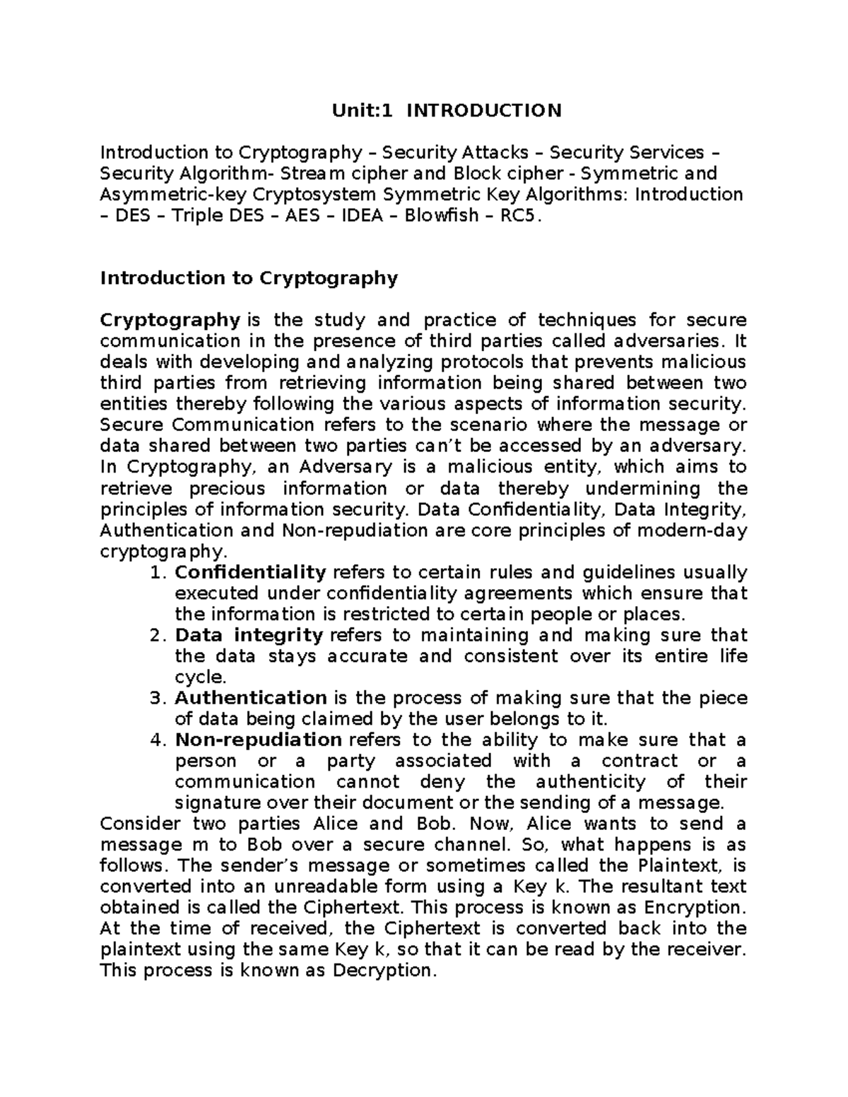 Network Security (CS101) - Comprehensive Notes on Cryptography - Studocu