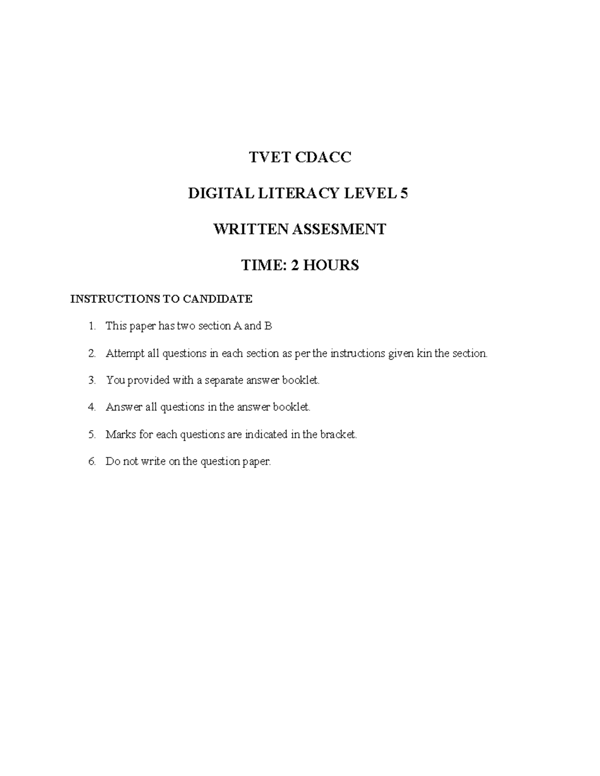 Digital Literacy Level 5: Written Assessment Guide - Studocu