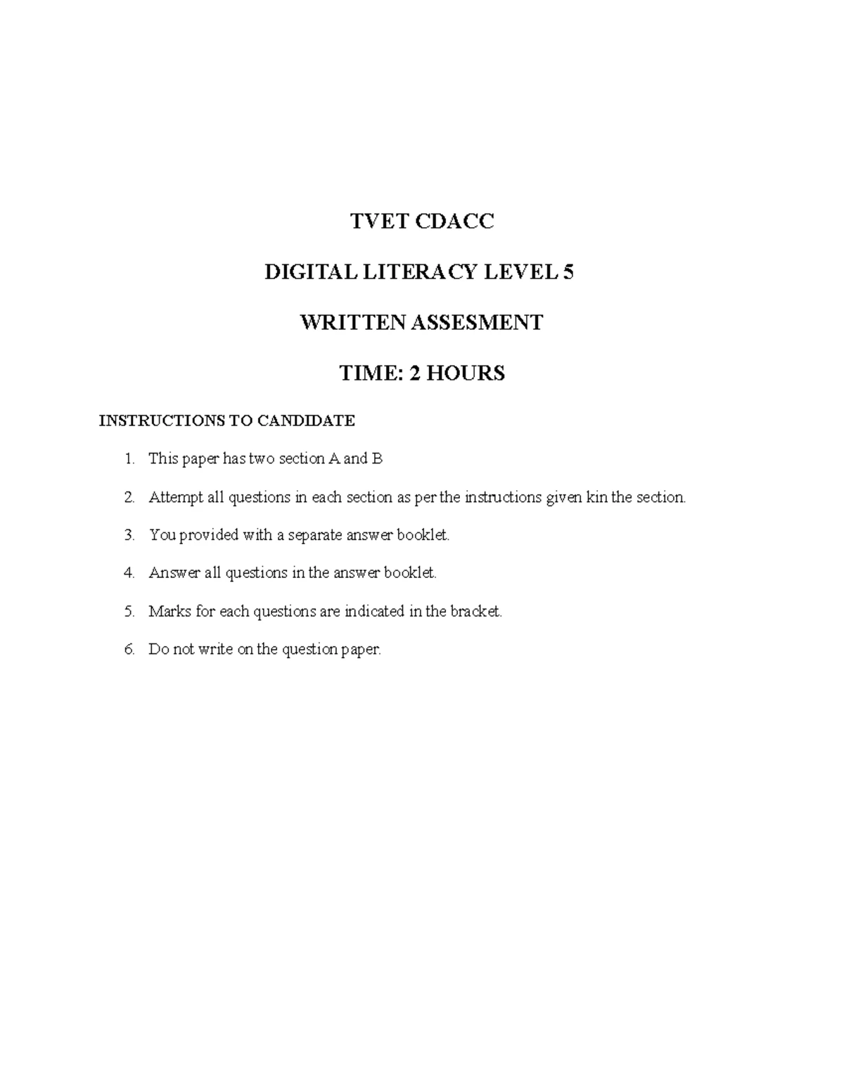 Digital Literacy Level 5 - TVET CDACC DIGITAL LITERACY LEVEL 5 WRITTEN ...