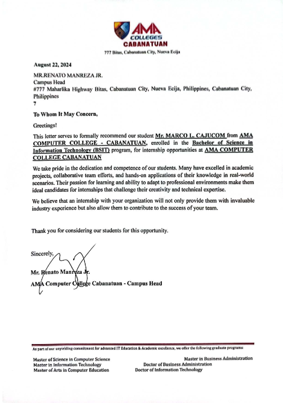 Recommendation Letter for Internship - BSIT Program at AMA Colleges ...