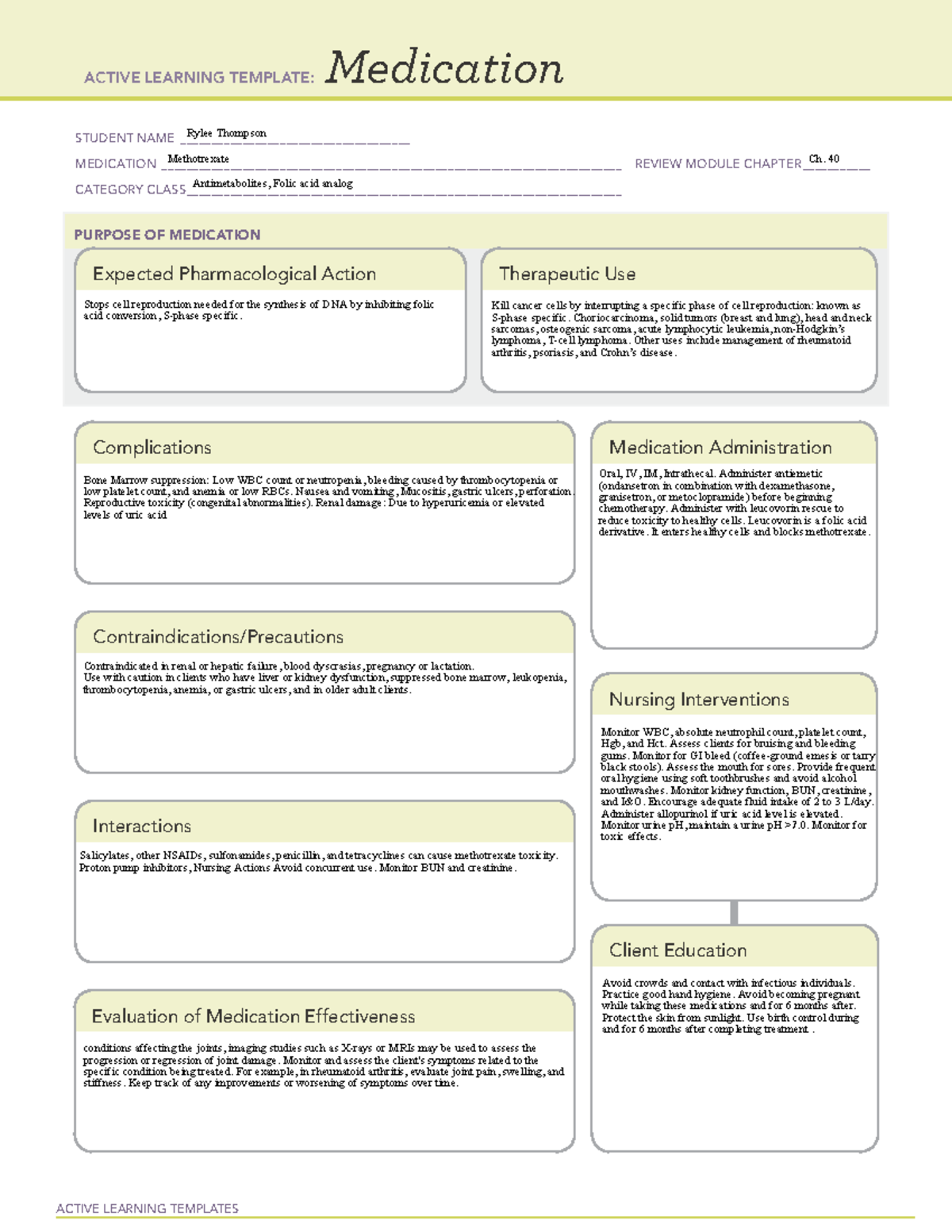 Methotrexate (Chapter 40) - Active Learning Drug Card Notes - Studocu