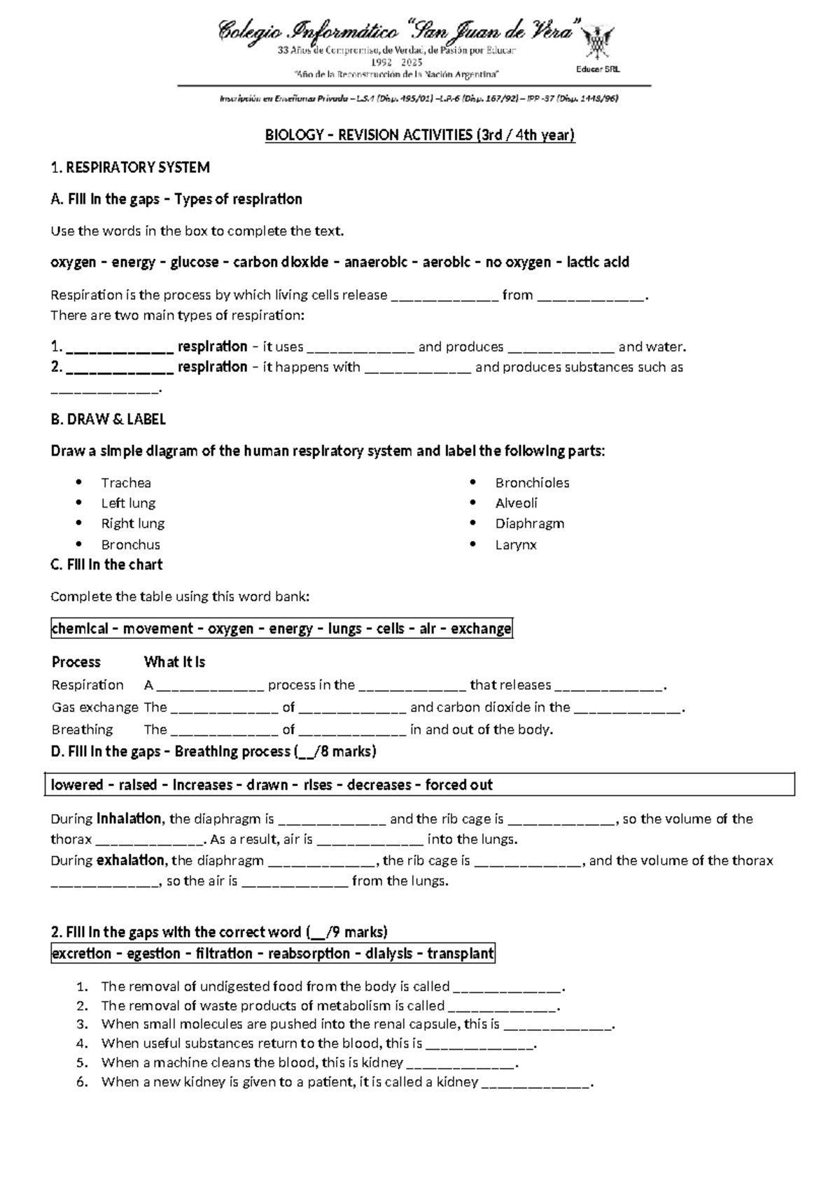 Biology Study Guide: Revision Activities for 3rd & 4th Year - Studocu