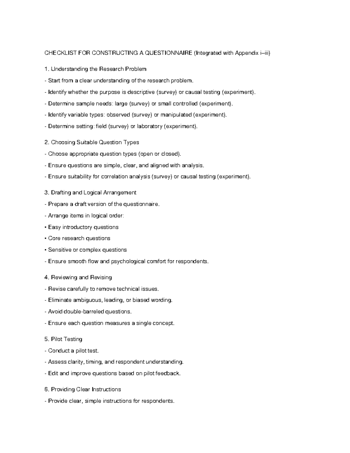 CHECKLIST FOR CONSTRUCTING A QUESTIONNAIRE (Research Methods) - Studocu