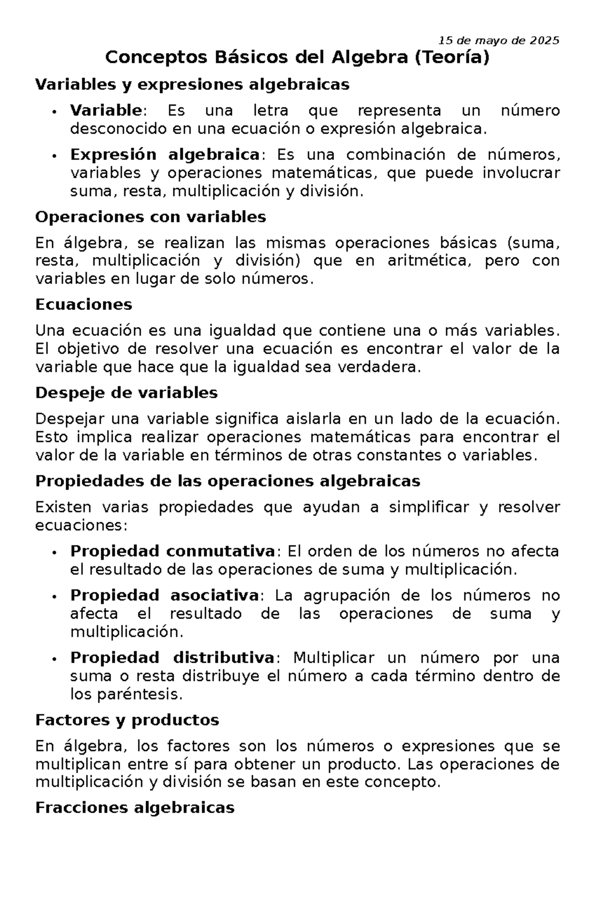Conceptos Básicos del Álgebra (Teoría) - 15 de mayo de 2025 - Studocu