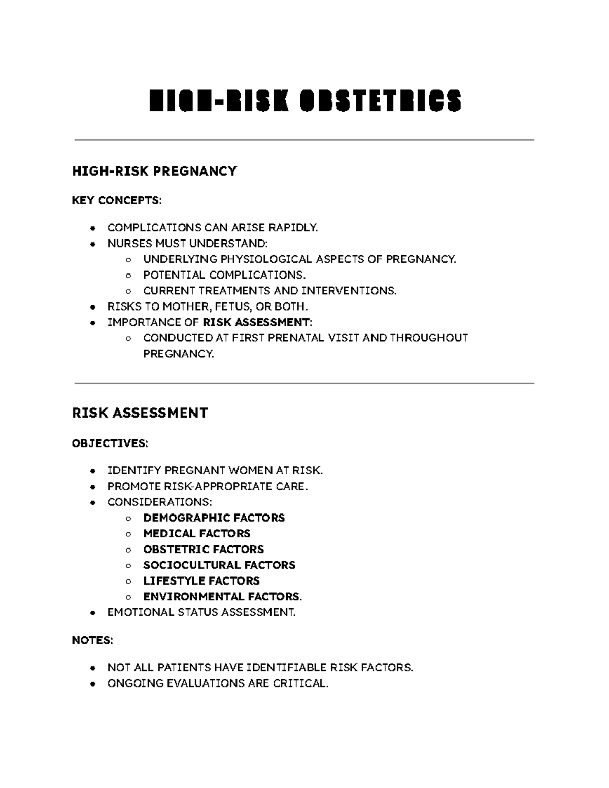 HIGH-RISK OBSTETRICS LECTURE OUTLINE: COMPLICATIONS & MANAGEMENT - Studocu