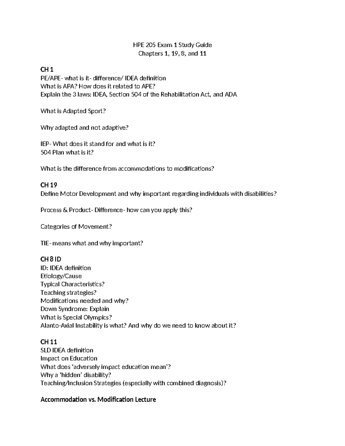 HPE 205 Exam 1 Study Guide: Key Concepts & Laws in Adapted PE - Studocu