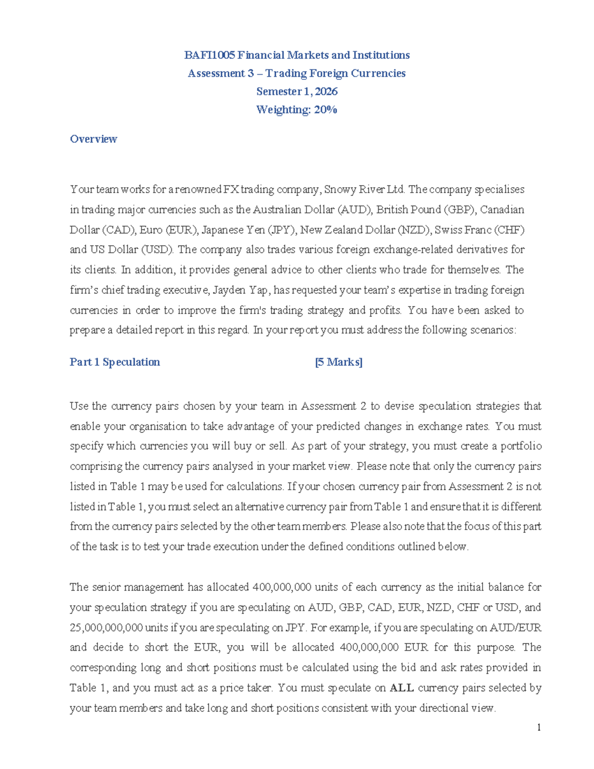 A3 BAFI1005 S1 2026 - FX Trading Strategies & Risk Assessment Report ...