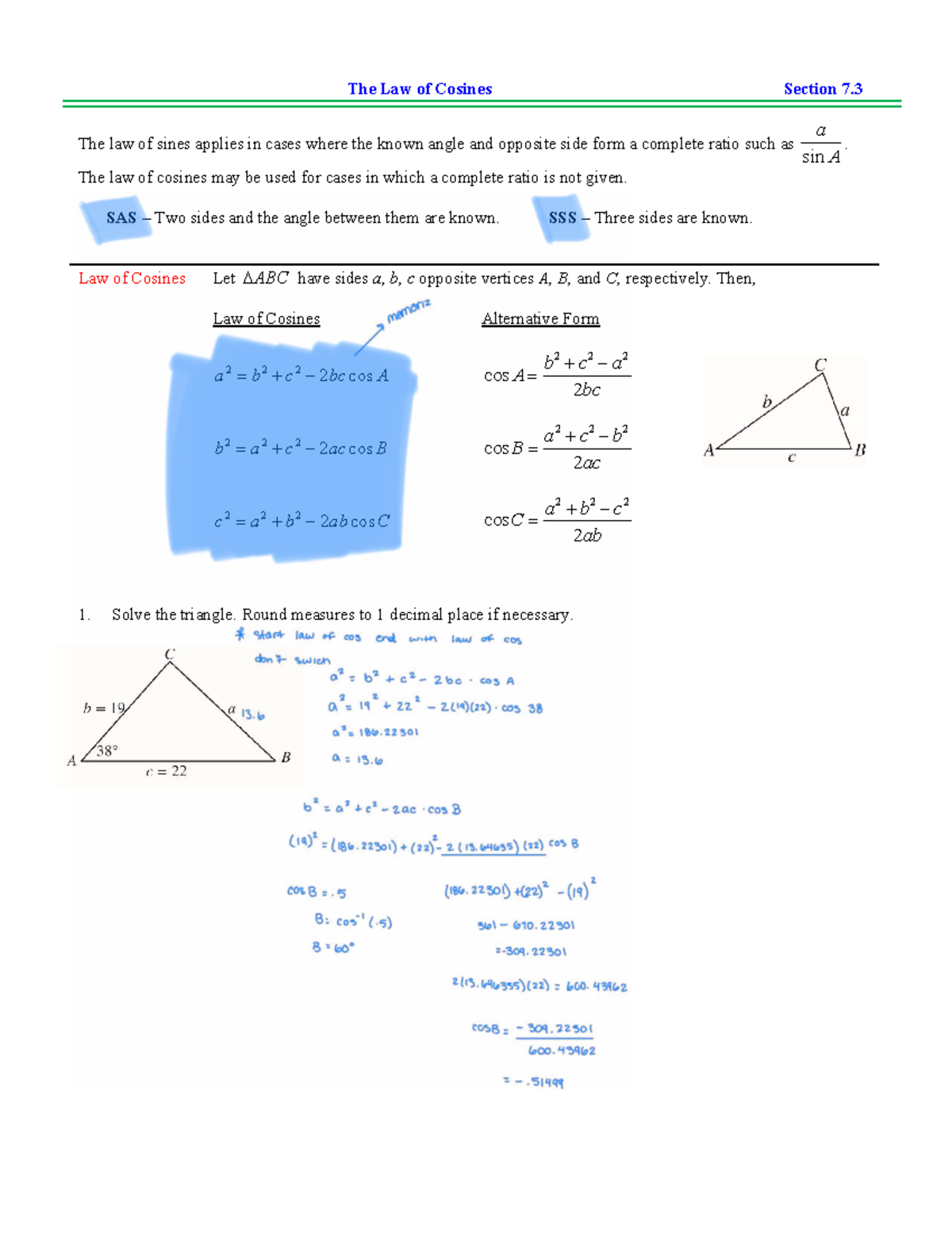 Math 1250: Section 7.3 Notes on the Law of Cosines - Studocu