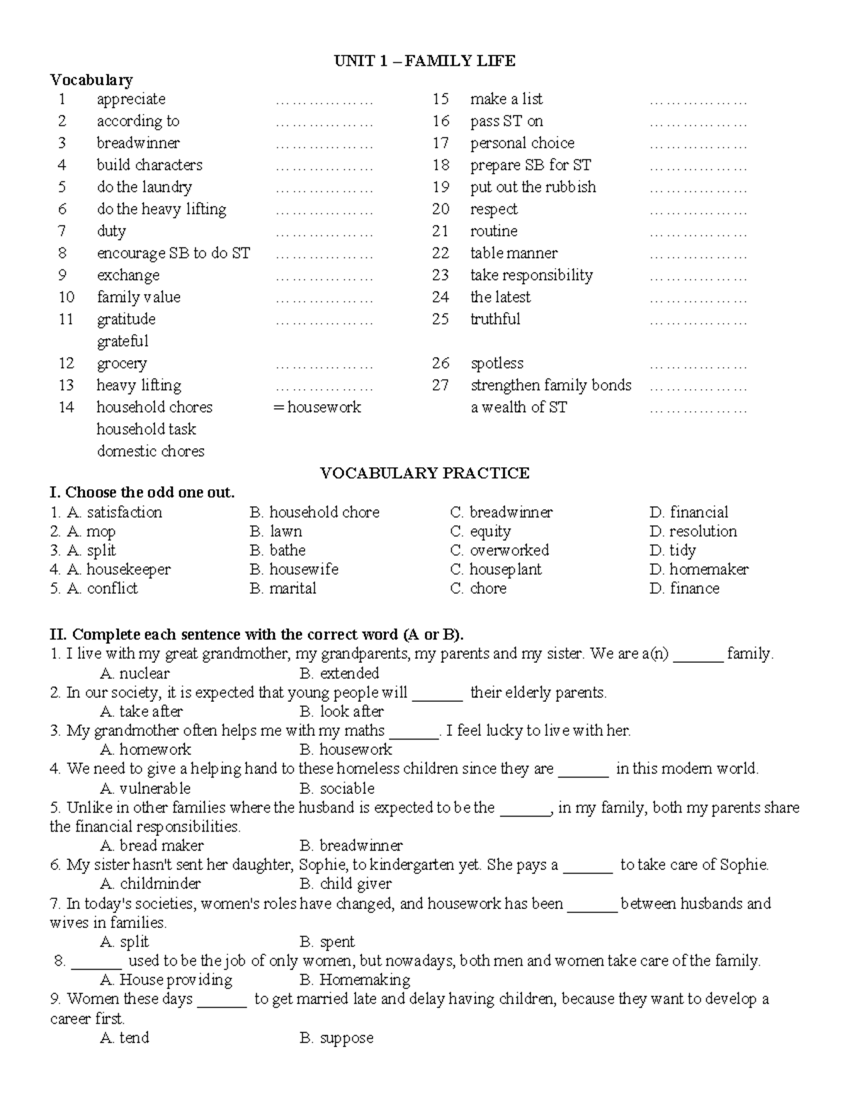UNIT 1 - Family LIFE - Bdb han sga - UNIT 1 – FAMILY LIFE Vocabulary 1 ...