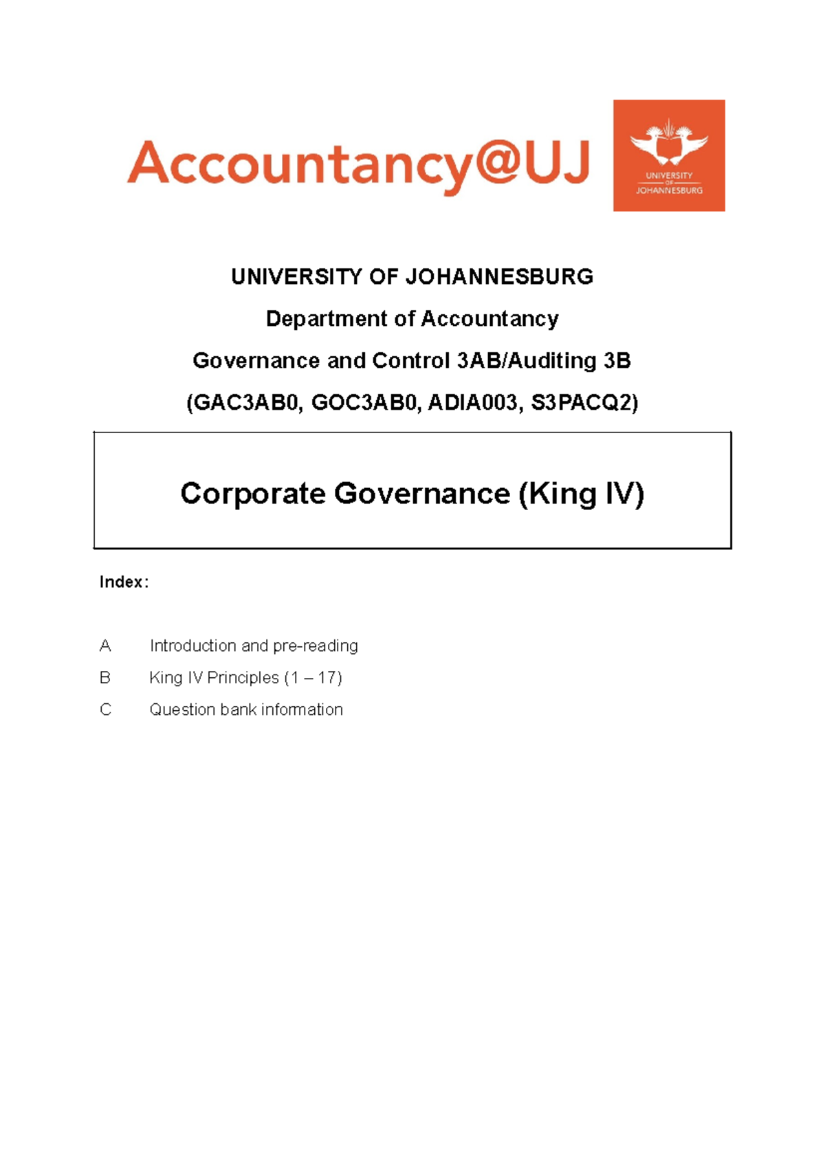 Corporate Governance and King IV Principles Overview (GAC3AB0, GOC3AB0 ...