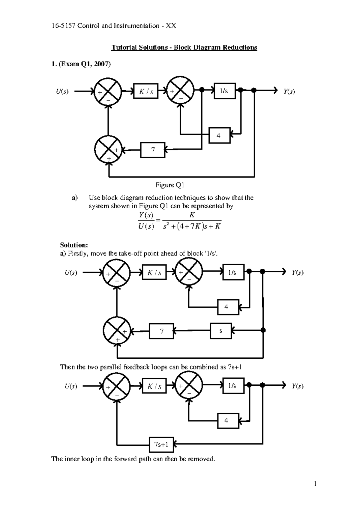 16-5157 Tutorial 2.1 - Block Diagram Reduction - Solutions - Tutorial ...