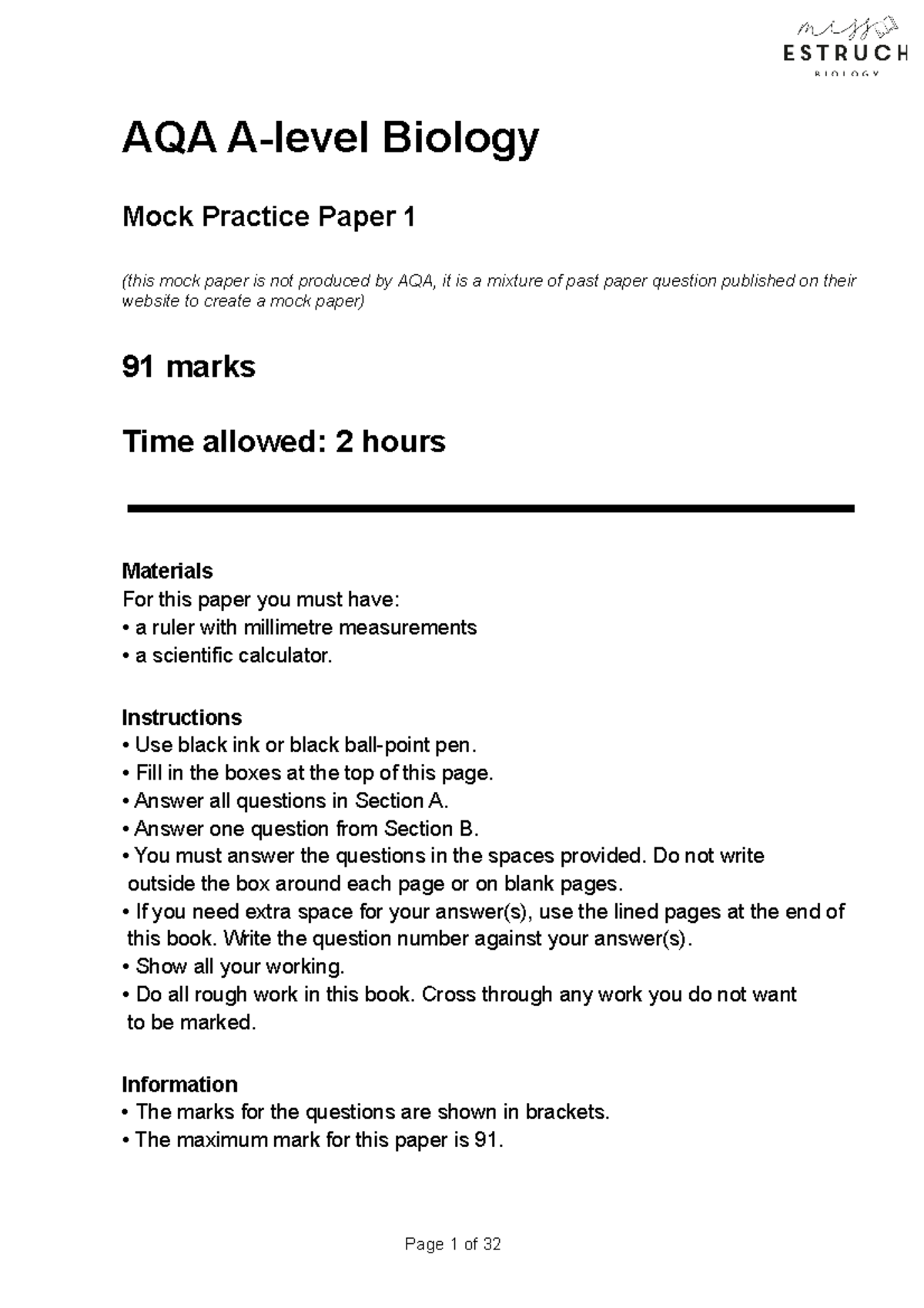 Mock Paper 1 for AQA A-Level Biology: Practice Exam with Detailed ...