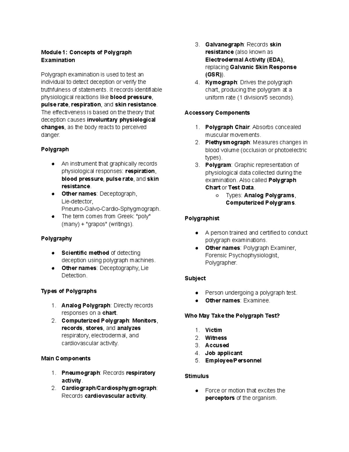 Lie Detection Concepts and Polygraph Examination Notes (Modules 1-8 ...