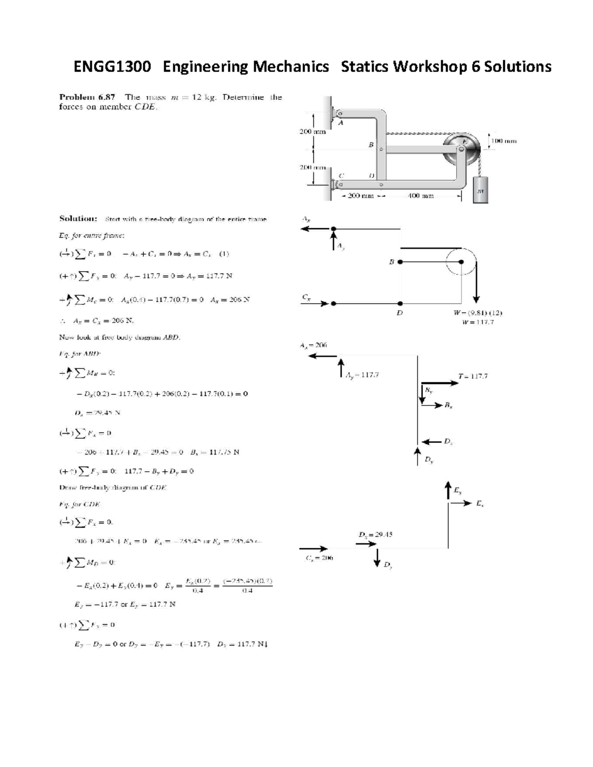 Engg1300 Engineering Mechanics Statics Workshop 6 Solutions Afd Sfd