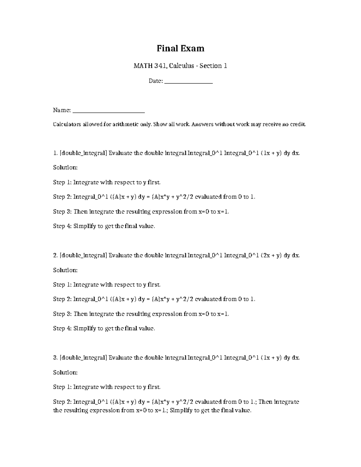 Final Exam Solutions for MATH 341: Double Integrals - Studocu