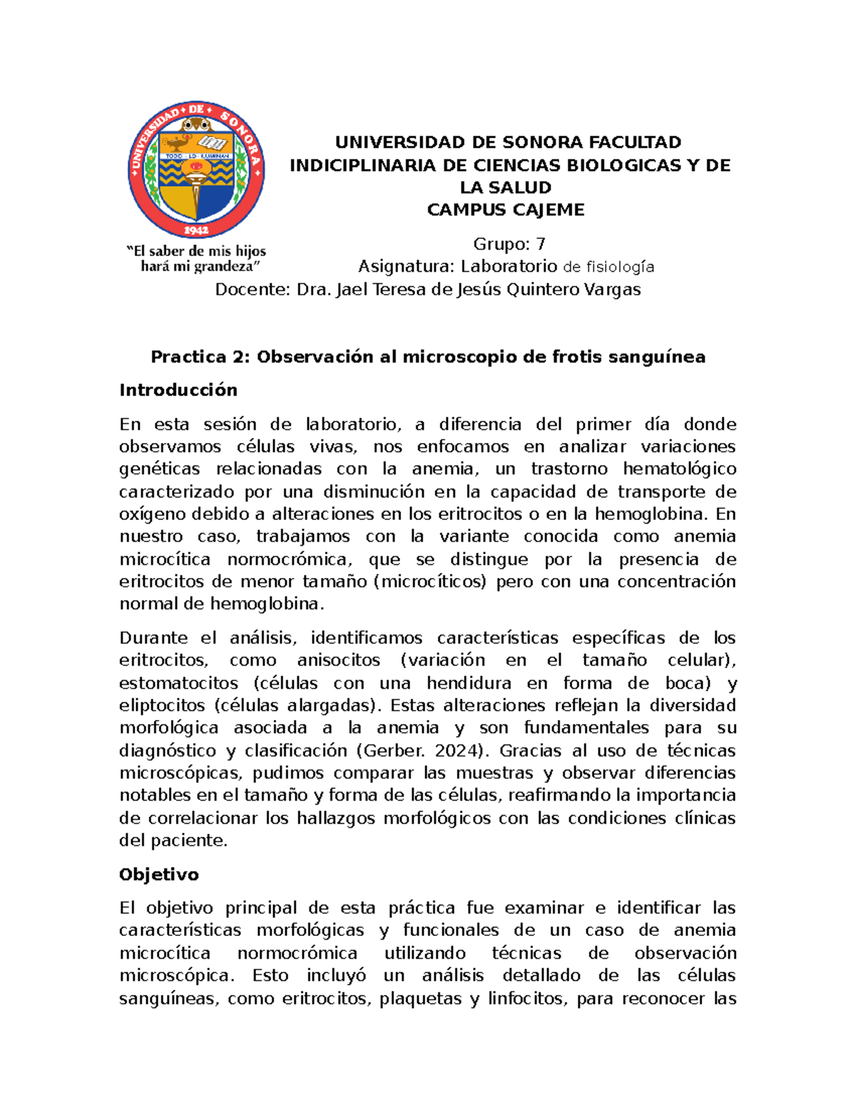 Práctica 2: Observación de Anemia Microcítica en Laboratorio de ...