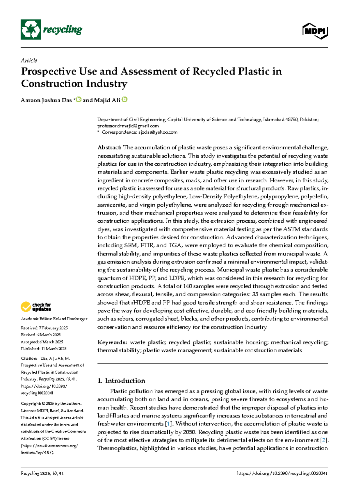 Prospective Use of Recycled Plastics in Construction Industry (CE 45750 ...