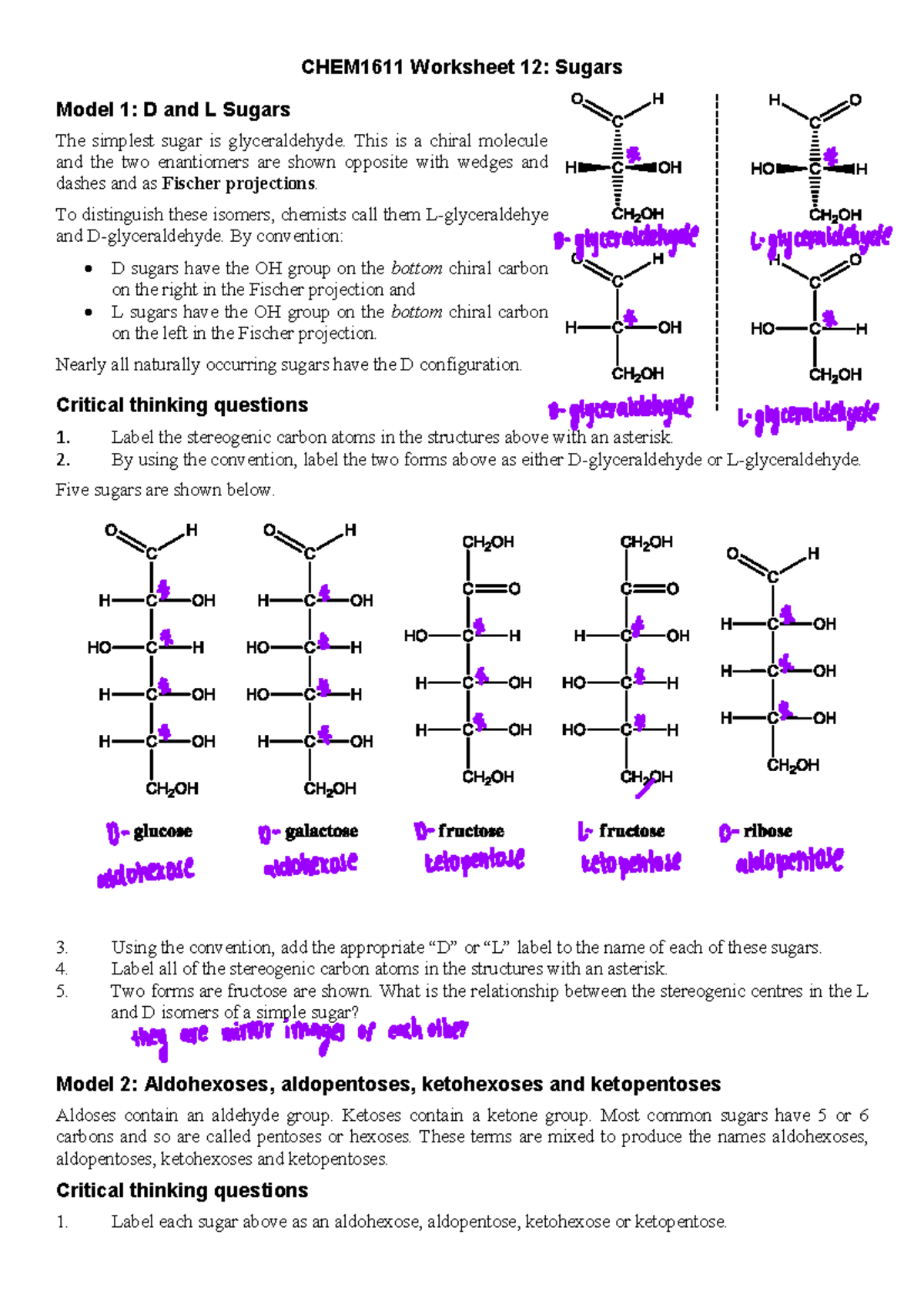 CHEM1611 Worksheet 12: Carbohydrates & Sugars Overview - Studocu