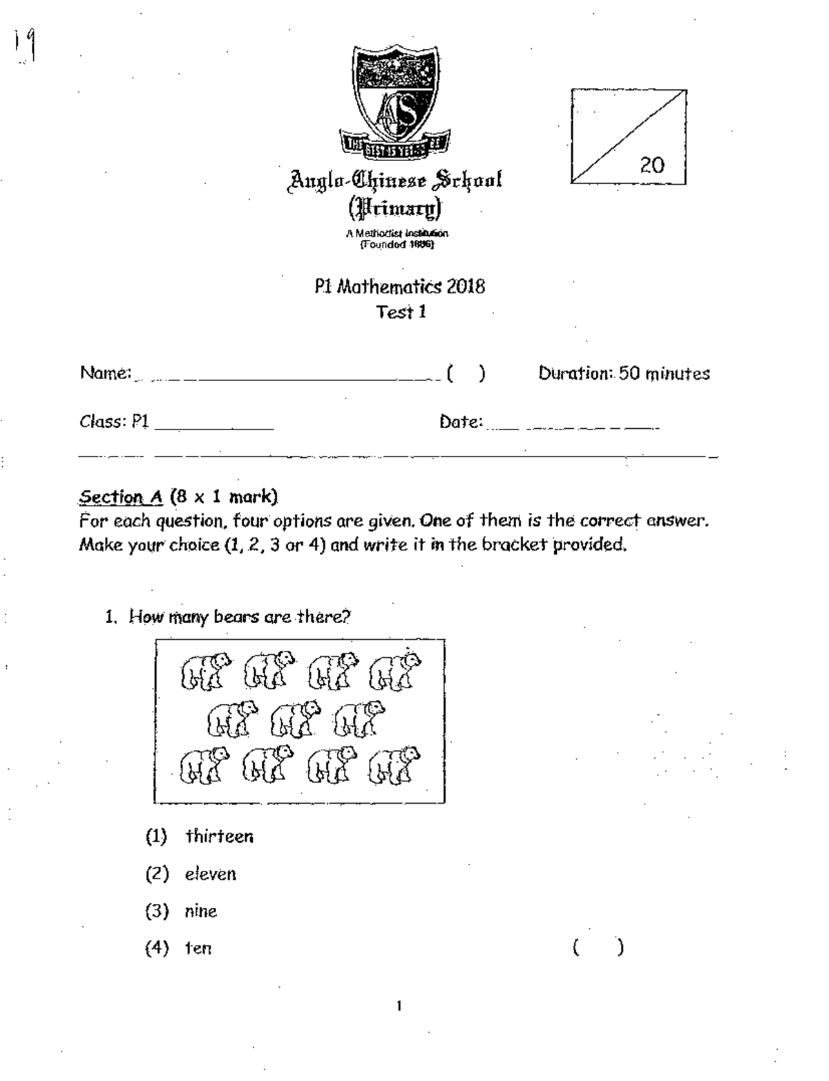 P1 Mathematics 2018 Test 1 - ACS Exam Paper - Studocu