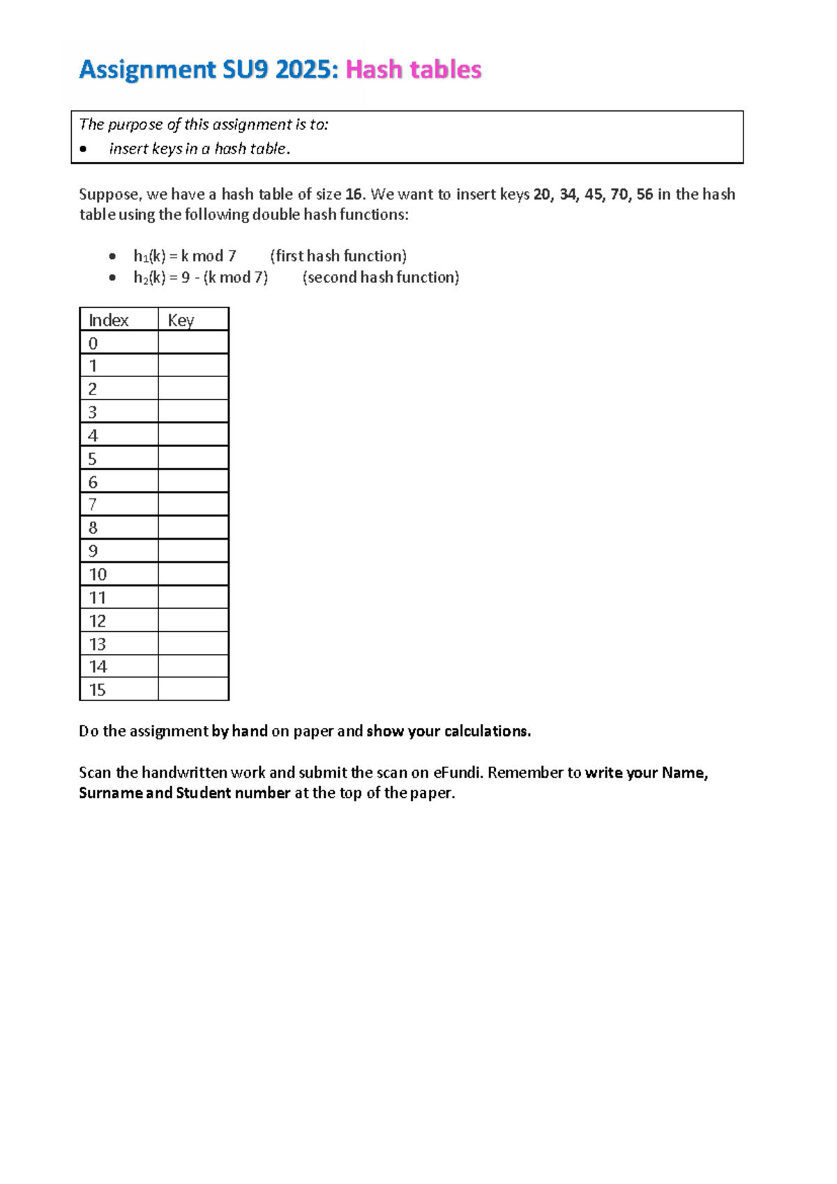 Assignment SU9 2025: Inserting Keys in Hash Tables - Studocu