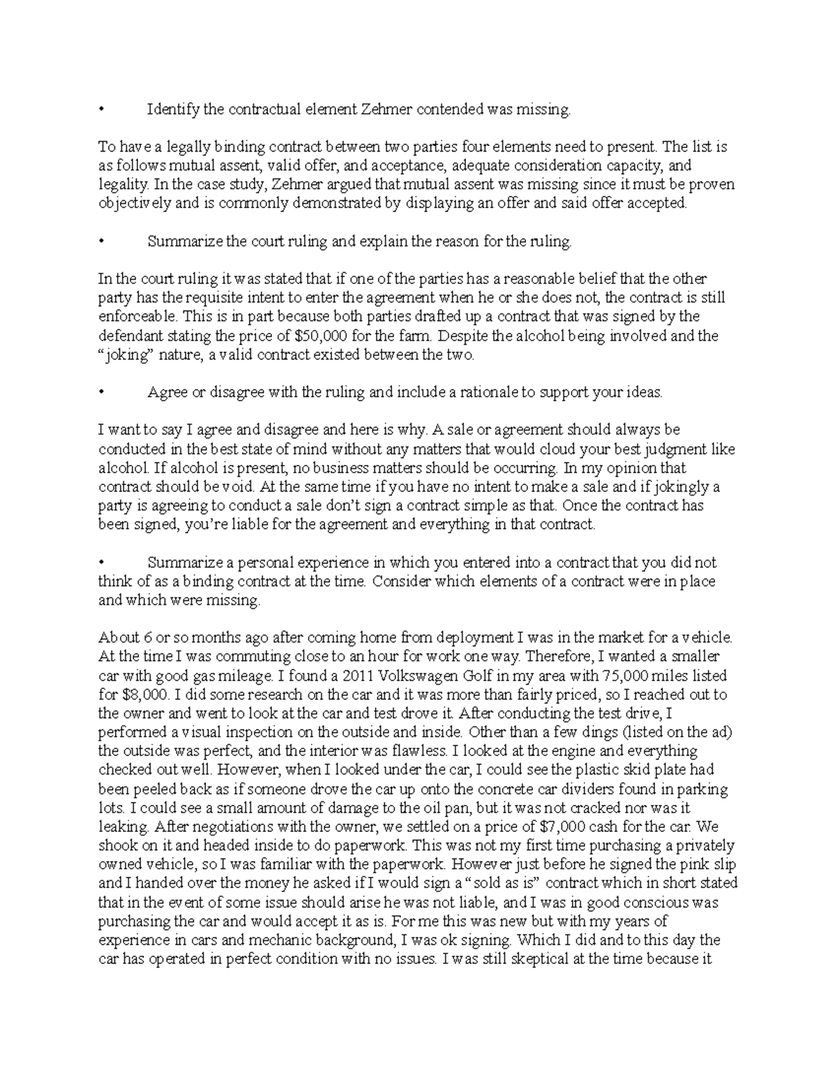 6-1 Case Study Analysis: Zehmer Contract Ruling Insights - Studocu
