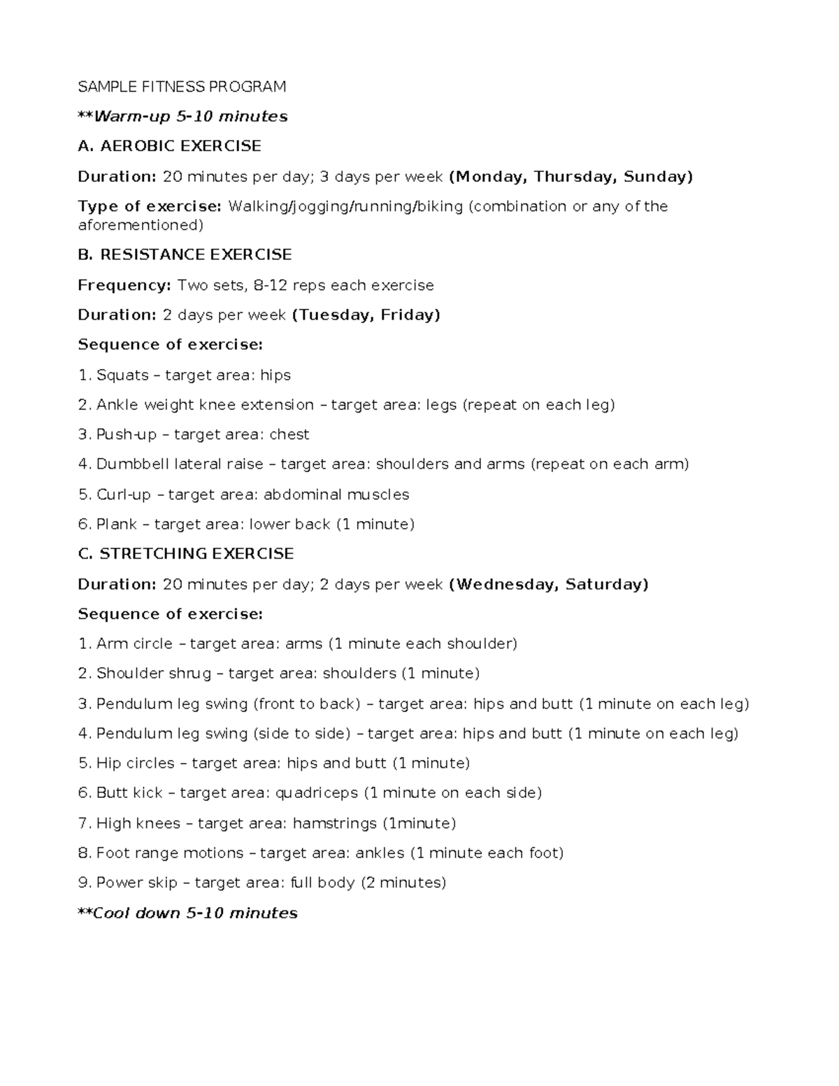 Sample Fitness Program (combination) - SAMPLE FITNESS PROGRAM **Warm-up ...