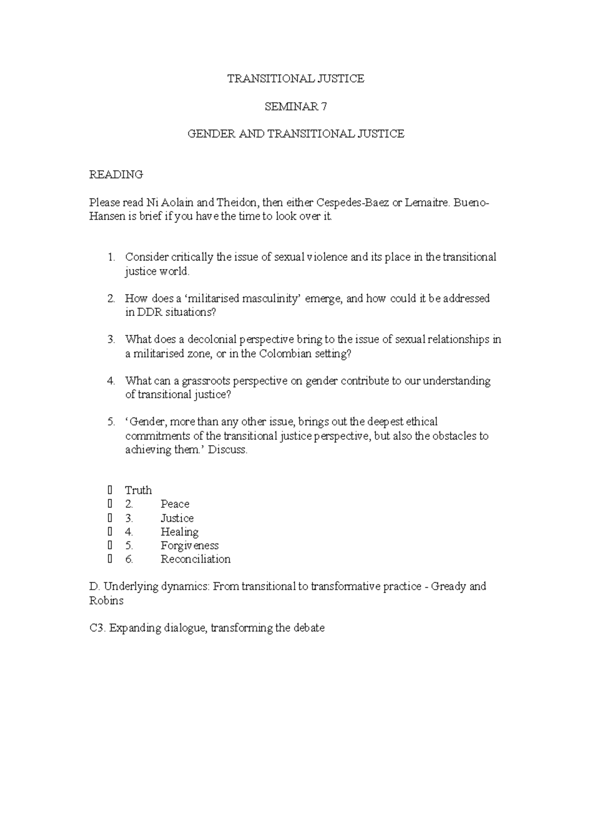 Seminar 7: Gender and Transitional Justice Insights - Studocu
