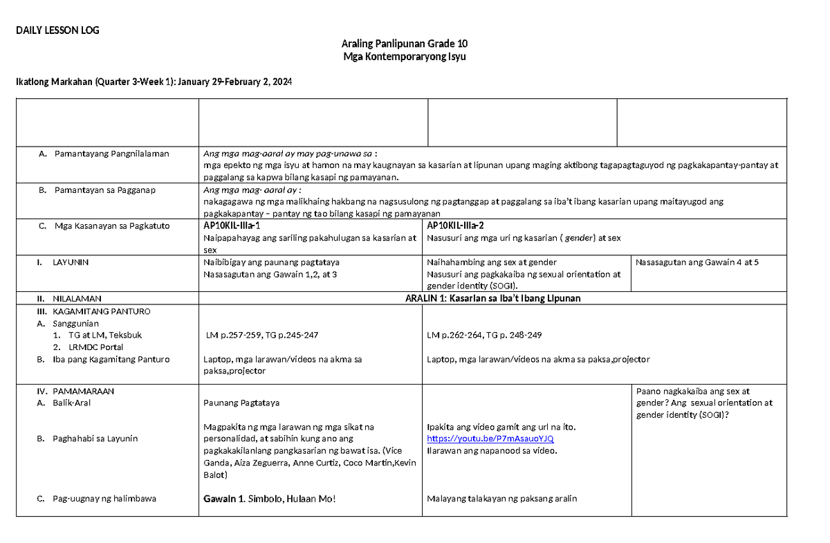 AP10 Q3-Week 1 to Week 6 Daily Lesson Log on Gender Issues - Studocu