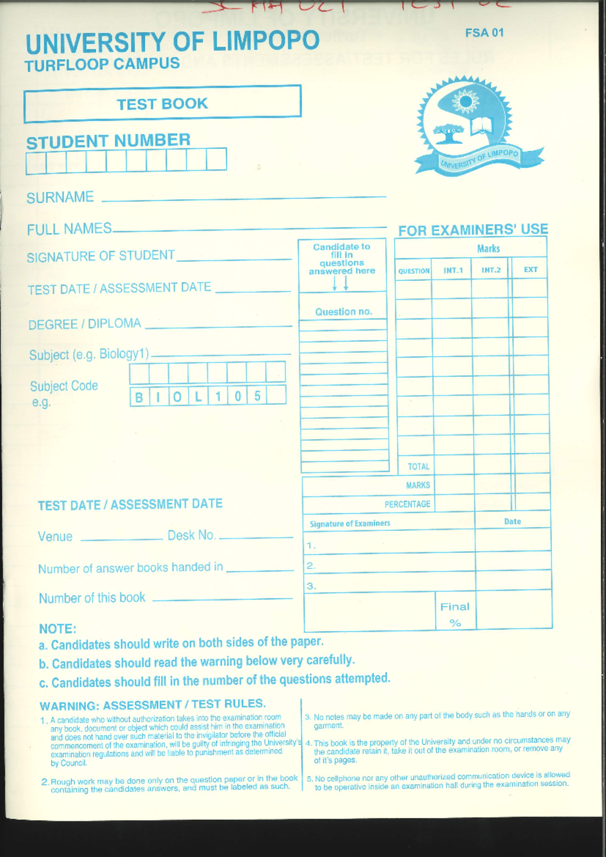 SCHA021 Test 2 Memo 2024 - UCT 1031 00 UNIVERSITY OF LIMPOPO FSA 01 ...