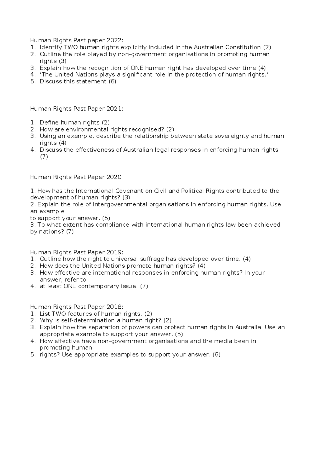 HR PAST Papers - Human Rights Exam Papers from 2018 to 2022 - Studocu