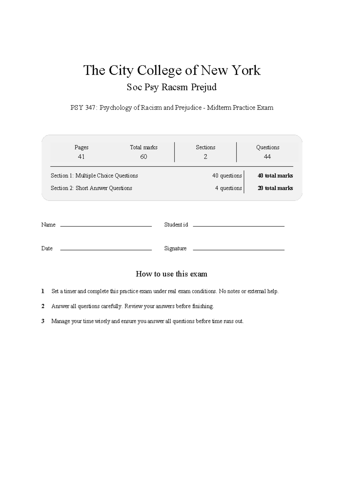 PSY 347: Psychology of Racism and Prejudice Midterm Practice Test 2026 ...
