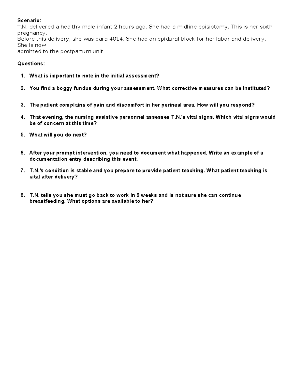Pre Class Assignment: Postpartum Care for T.N. - Case Study Analysis ...