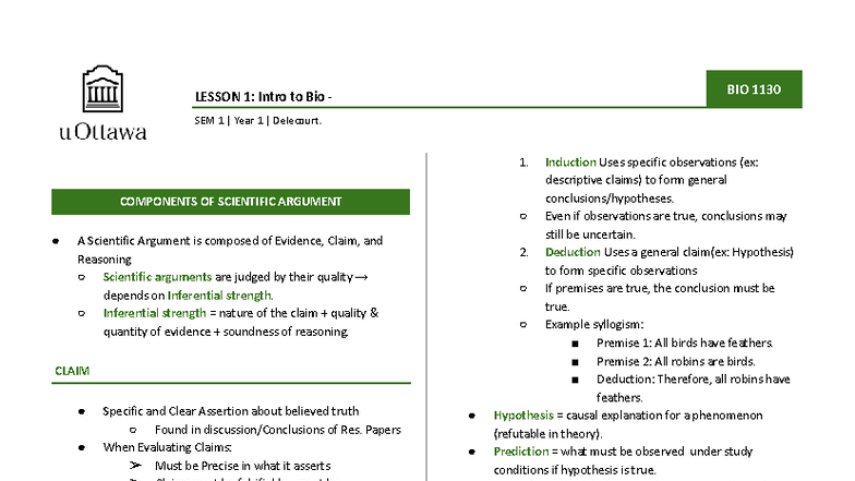 BIO 1130 LECTURE 3: Components of Scientific Argument - Studocu