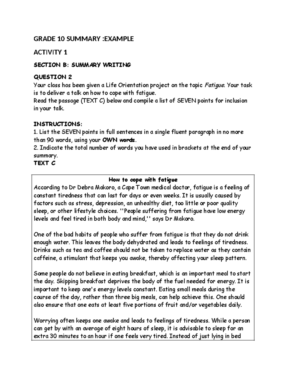 Grade 10 Life Orientation: Coping with Fatigue Summary Notes - Studocu