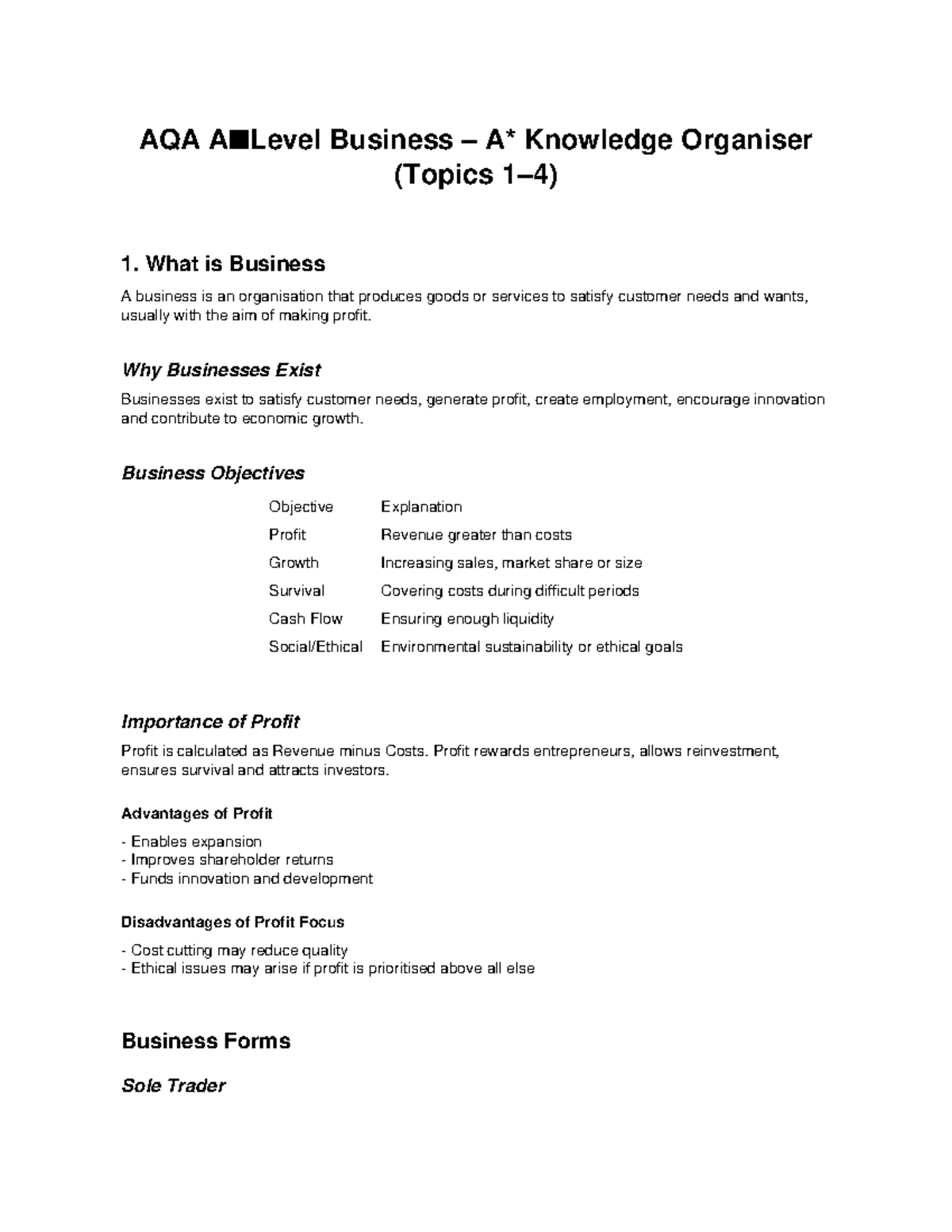 AQA Business Knowledge Organiser: Topics 1-4 Overview - Studocu