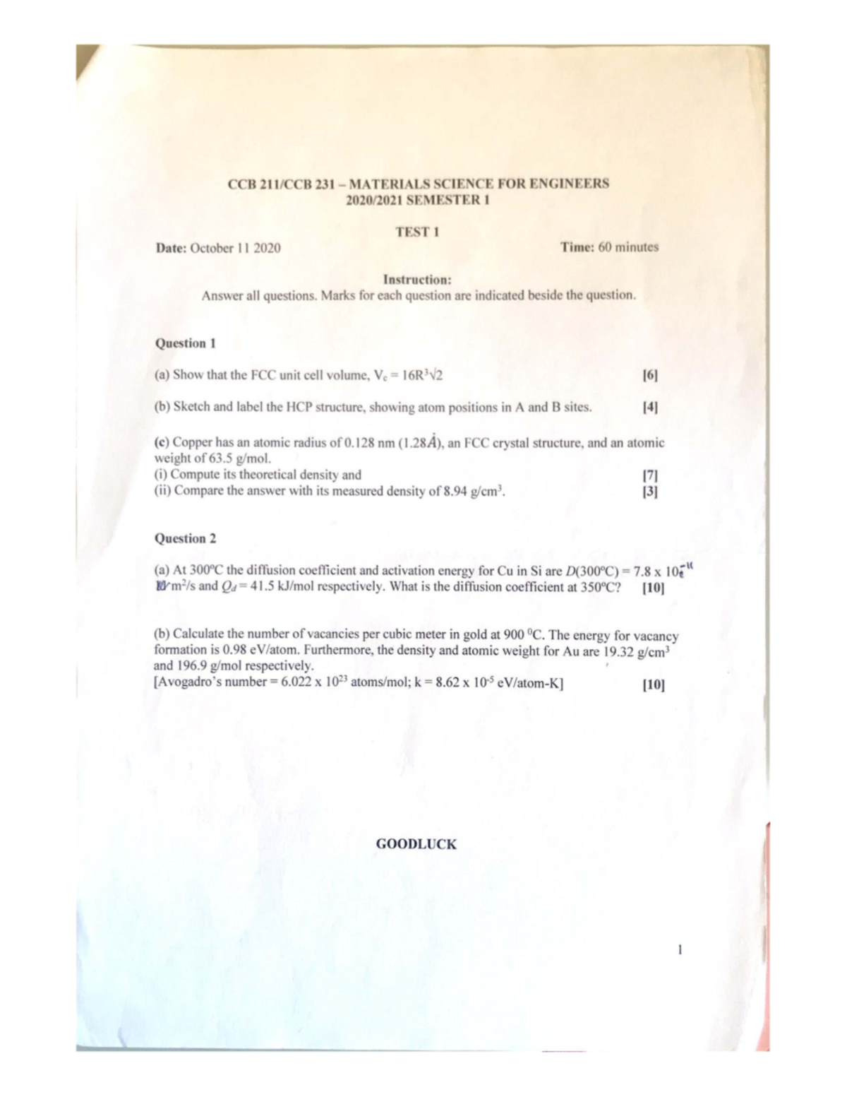 CCB 231 Materials Science for Engineers Semester 1 Test 1 - Studocu