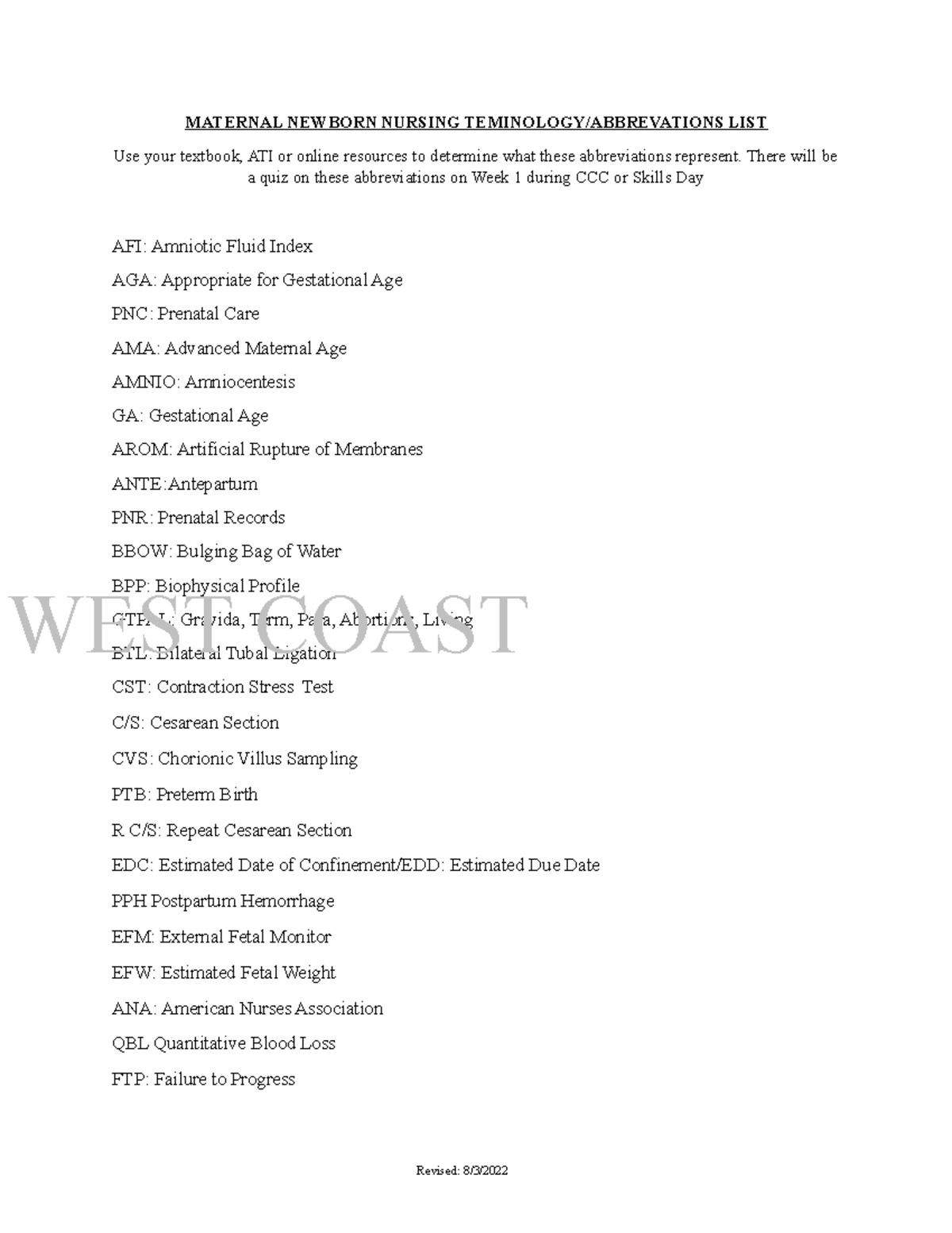 OB Abbreviations 2022- Updated - MATERNAL NEWBORN NURSING TEMINOLOGY ...