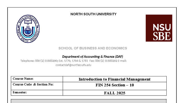 FIN 254 FALL 2025 Course Outline: Introduction to Financial Management ...