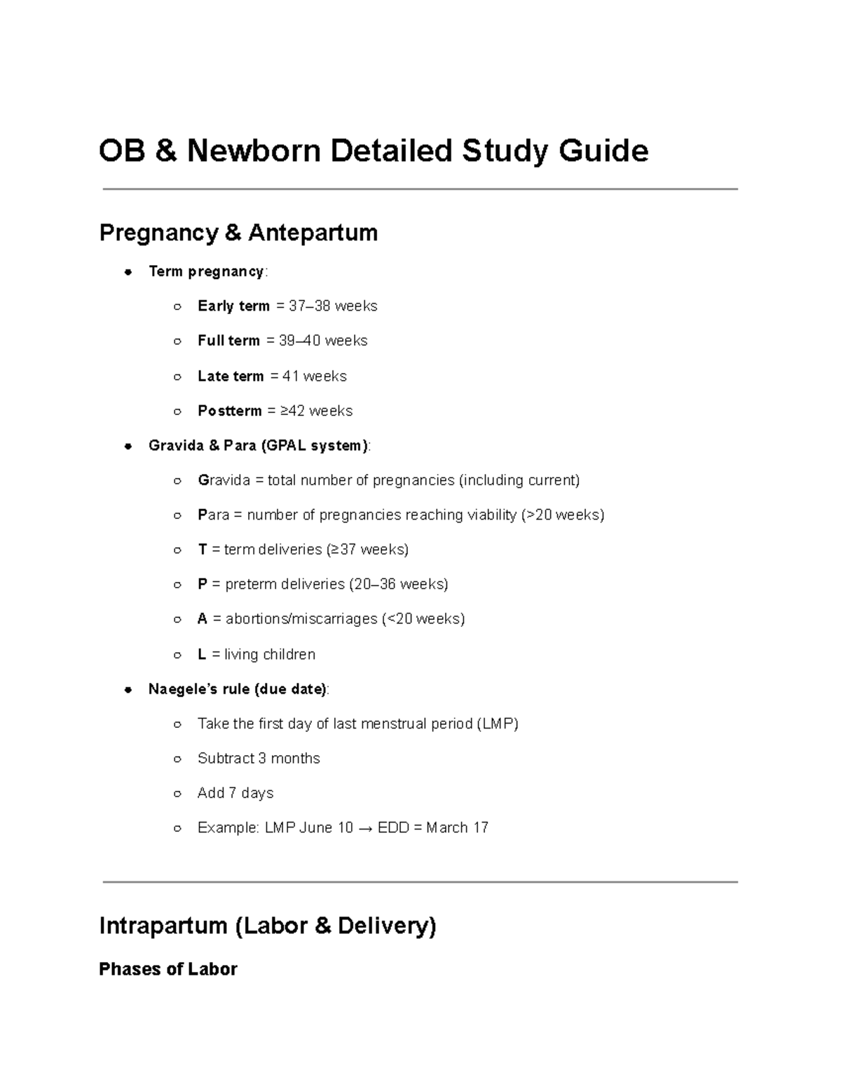 OB Newborn Detailed Study Guide: Pregnancy & Intrapartum Care - Studocu