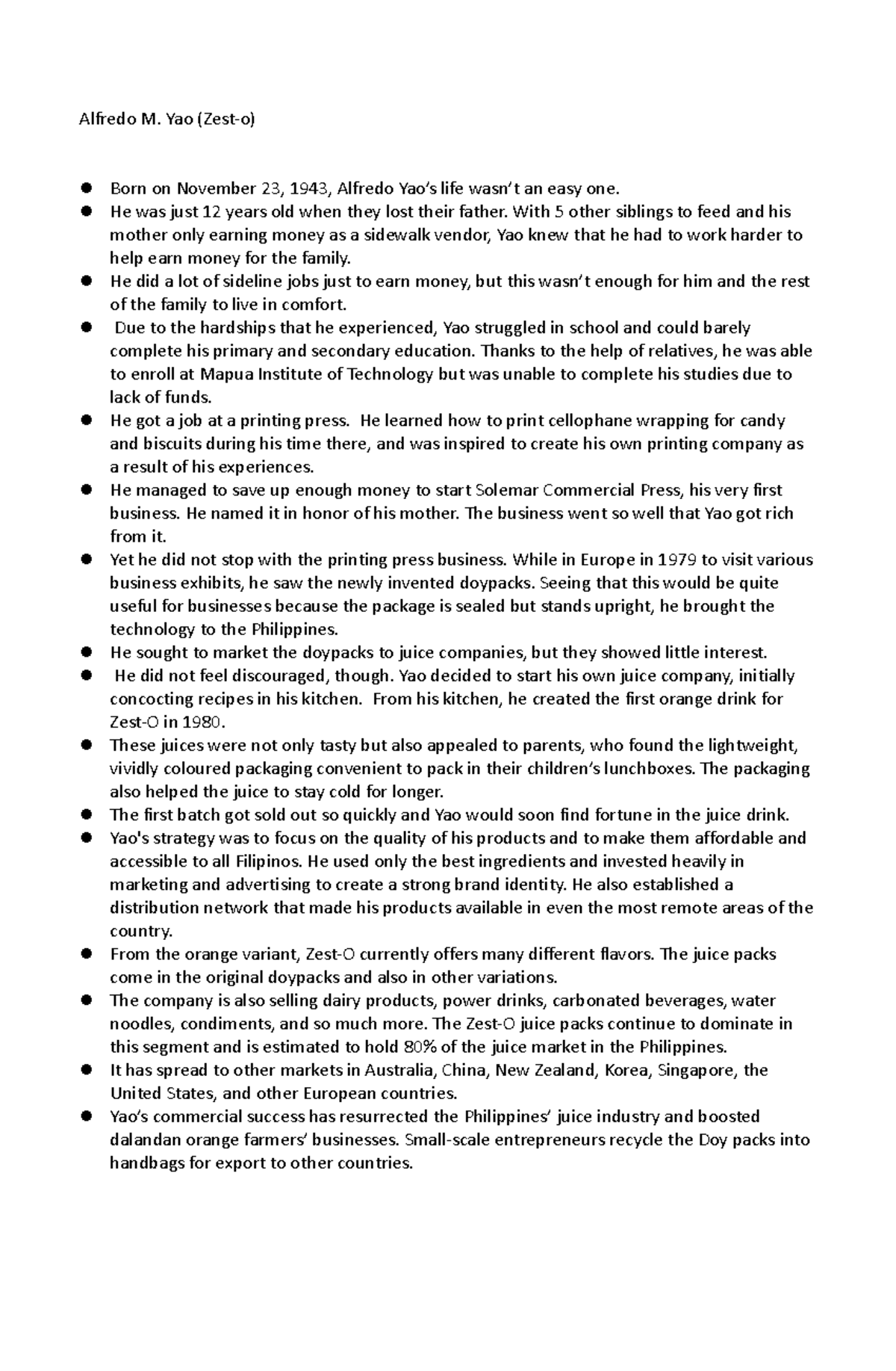 Alfredo M. Yao: Journey from Hardship to Zest-O Success Biography - Studocu