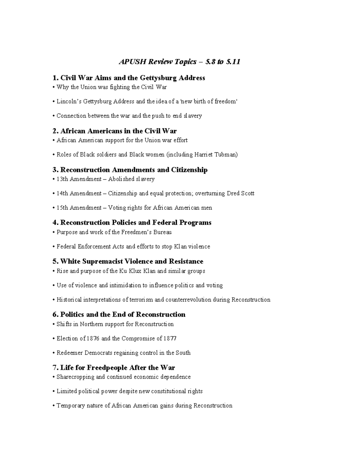 APUSH Review: Civil War & Reconstruction Topics 5.8-5.11 - Studocu