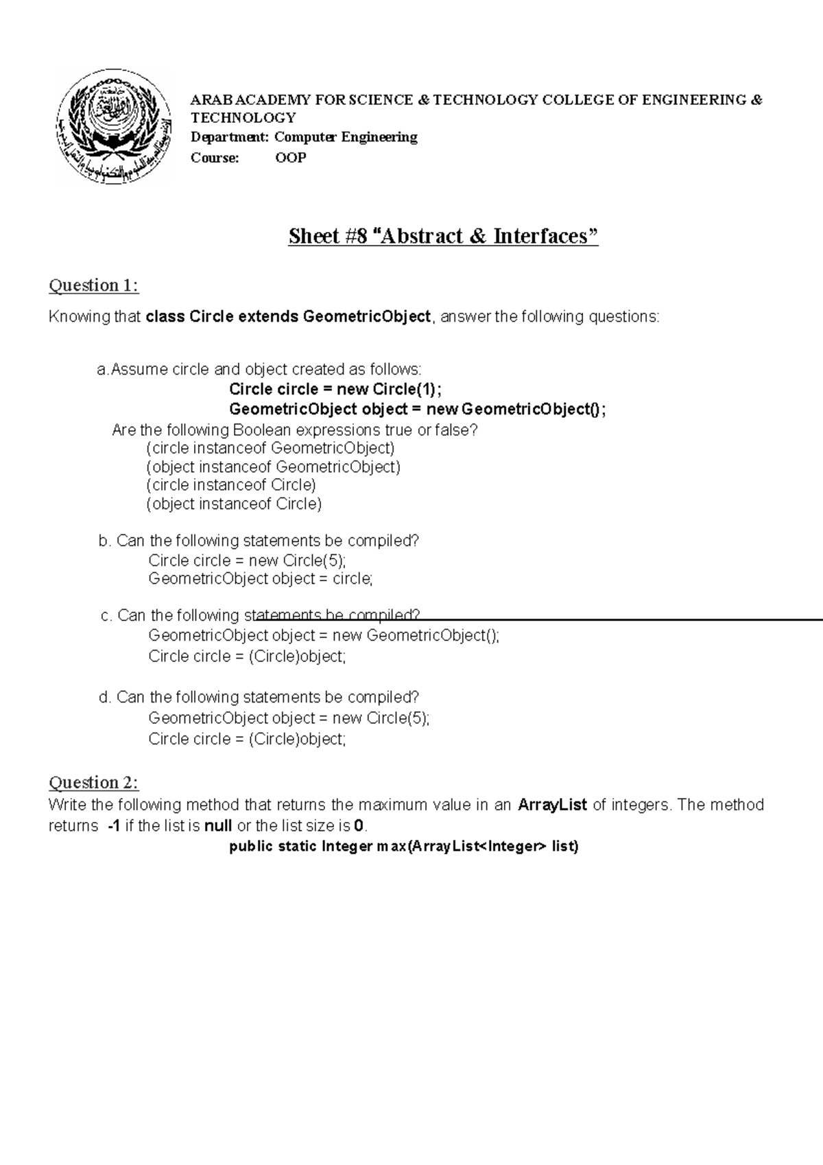 OOP Sheet 8 - Circle, Employee System, Grocery List & Vehicle Interface ...