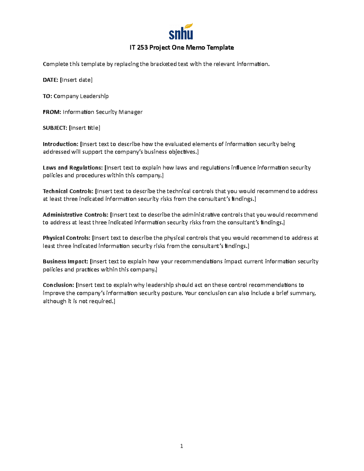 IT 253 Project One Memo Template & Guidelines for Completion - Studocu